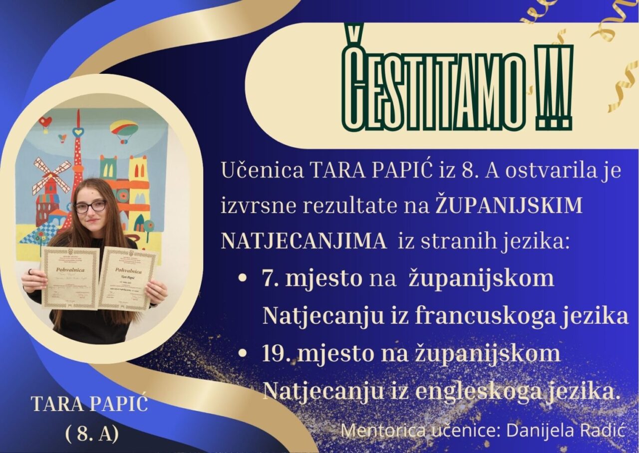 Učenica Tara Papić ostvarila je izvrstan uspjeh na županijskim ...
